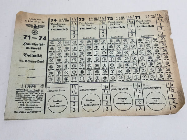 Original WWII German Ration Card Coburg 1945 Milk 71-74 – Ostfront